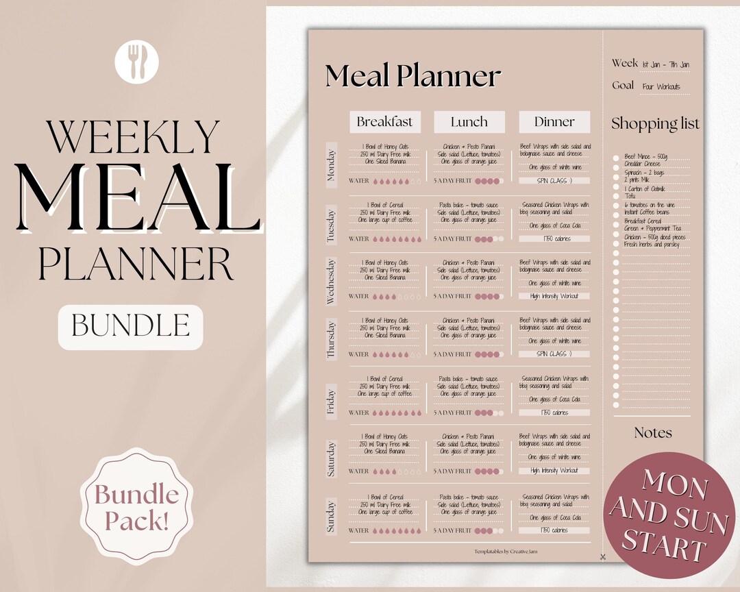Boho Meal Planner Printable, Weekly Food Diary, Meal Tracker, Food ...