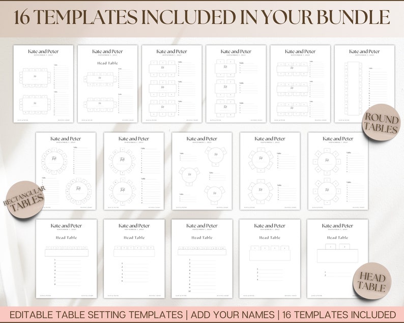 EDITABLE Wedding Seating Chart Templates, Round & Rectangle Tables ...