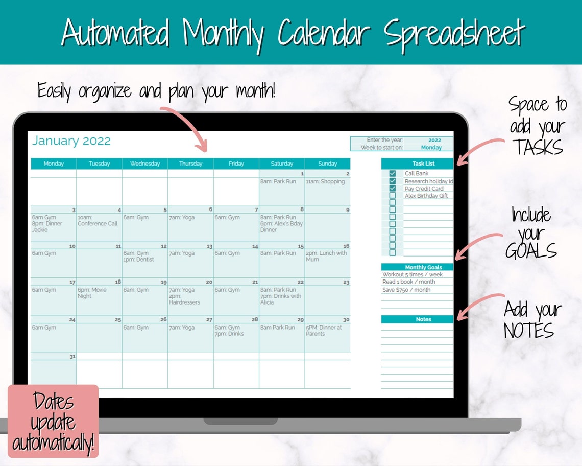 EDITABLE Monthly Calendar Monthly Planner Template Automated - Etsy