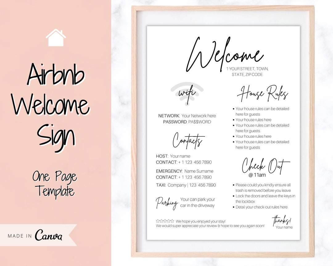 1 Page Airbnb Welcome Poster Template, Wifi Password Sign Printable ...