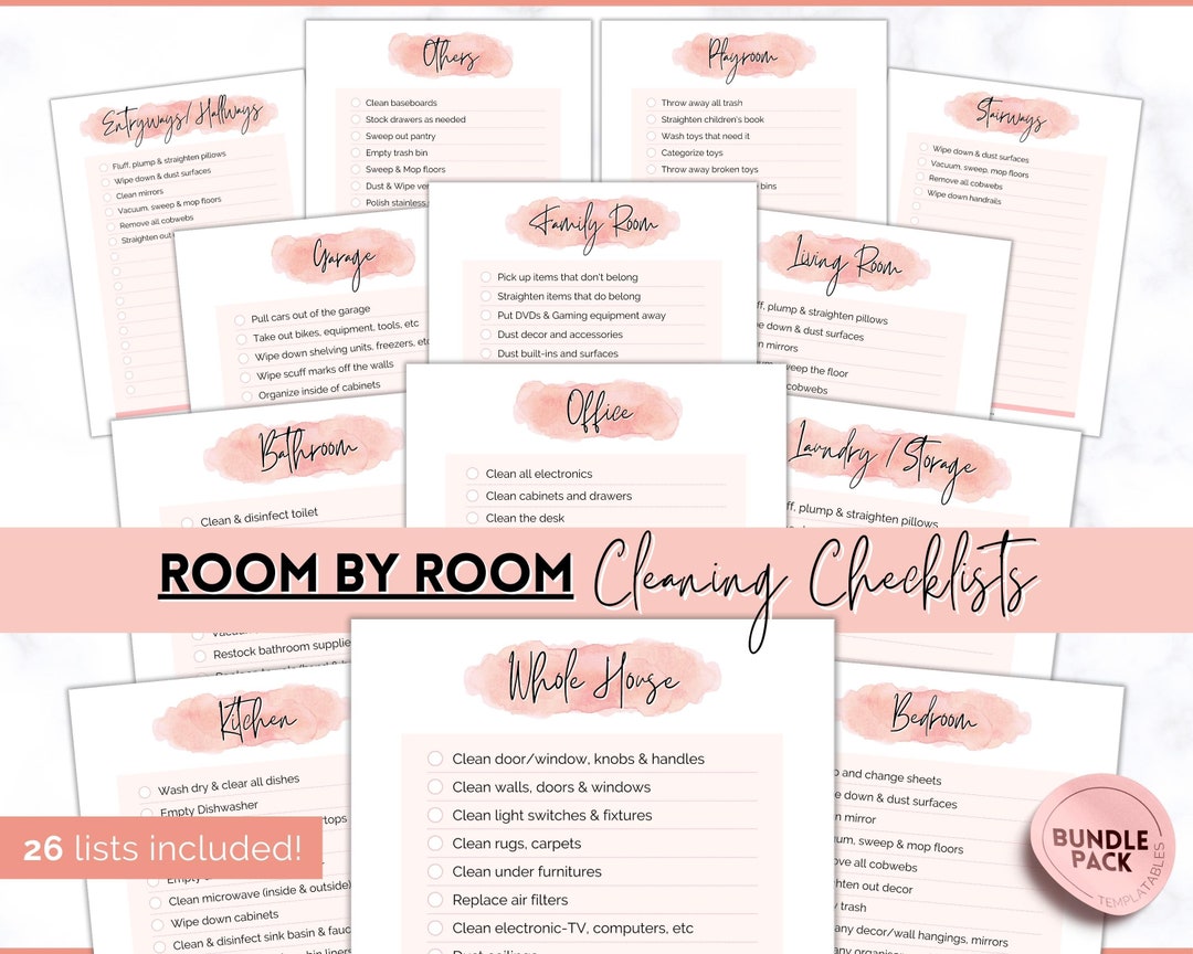 Cleaning Checklist, Printable Room by Room Cleaning Cards, Family ...
