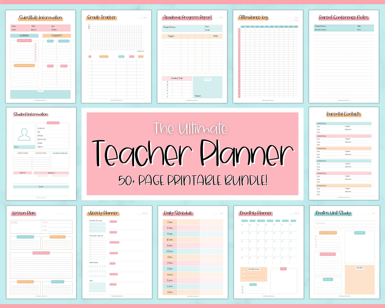 TEACHER Planner Printable, 50+ Pg BUNDLE, Homeschool Teacher, Academic ...