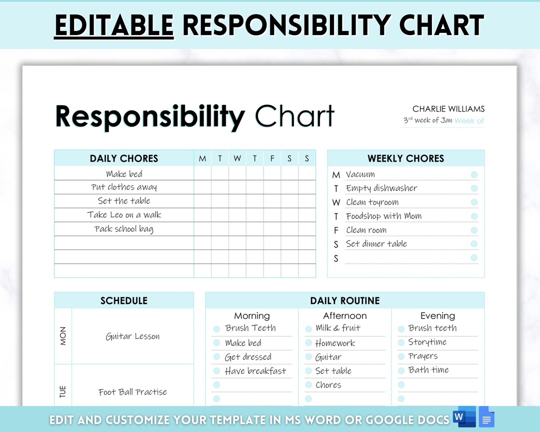 EDITABLE Responsibility Chart, Family Chore Chart, Reward Chart for ...