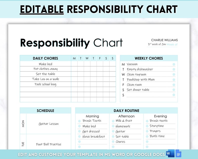 Kids Chore Chart EDITABLE Responsibility Chart Family Chore - Etsy