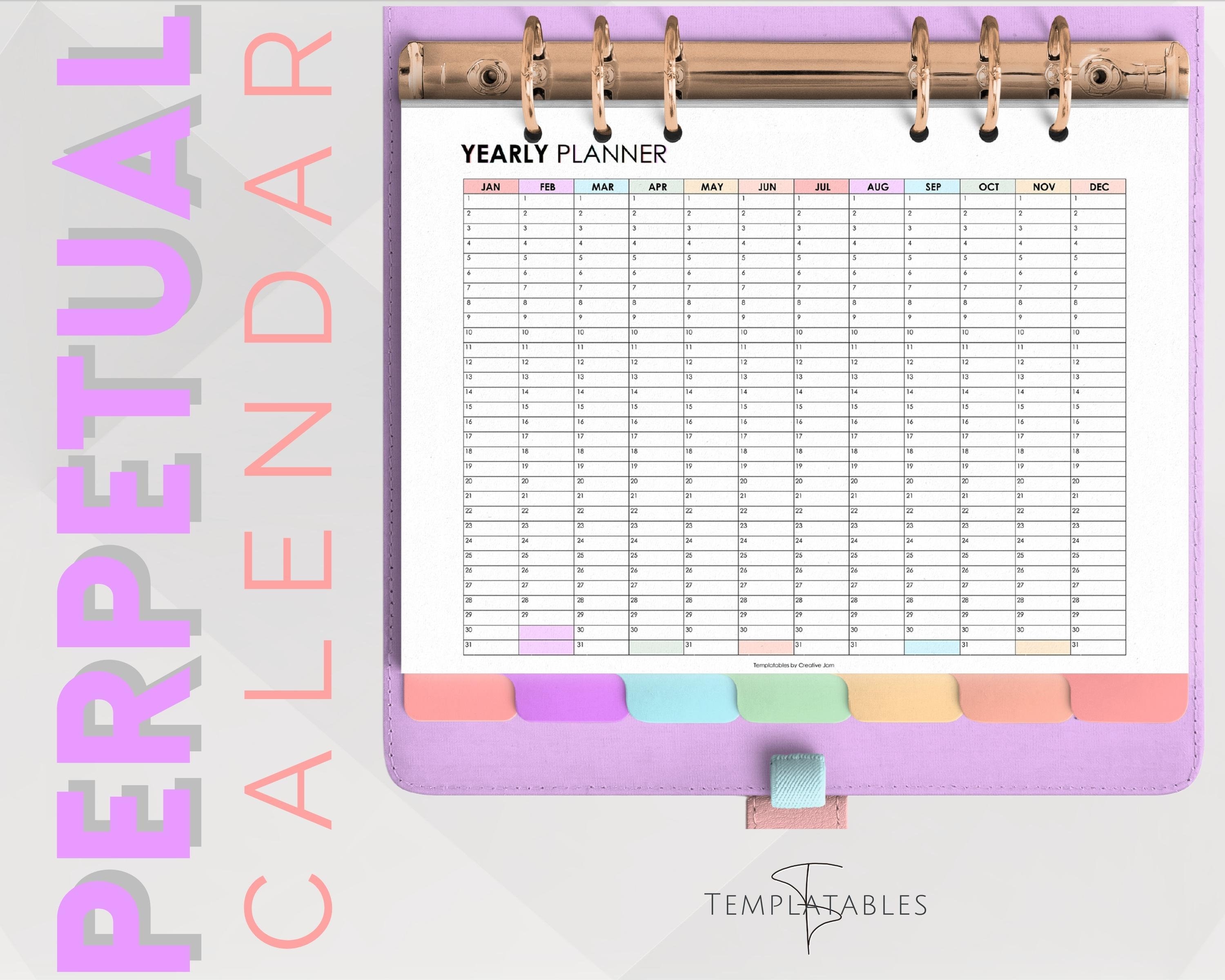 Perpetual Calendar, EDITABLE Yearly Overview, Undated Year at a Glance ...