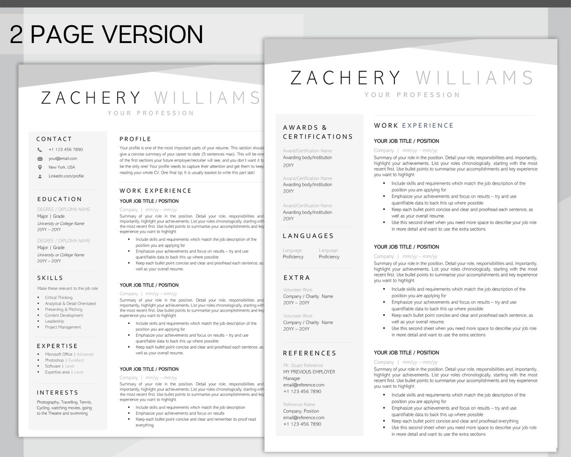 2 Page Resume Template Word. CV Template Professional, CV Design ...
