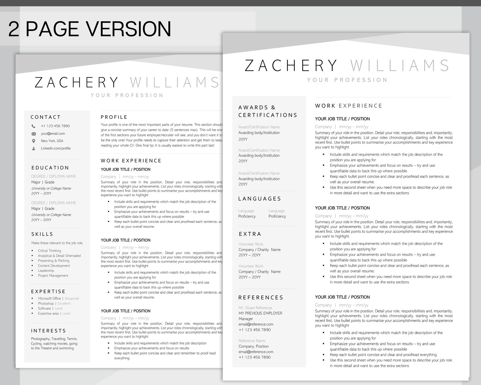 2 Page Resume Template Word. CV Template Professional CV - Etsy UK