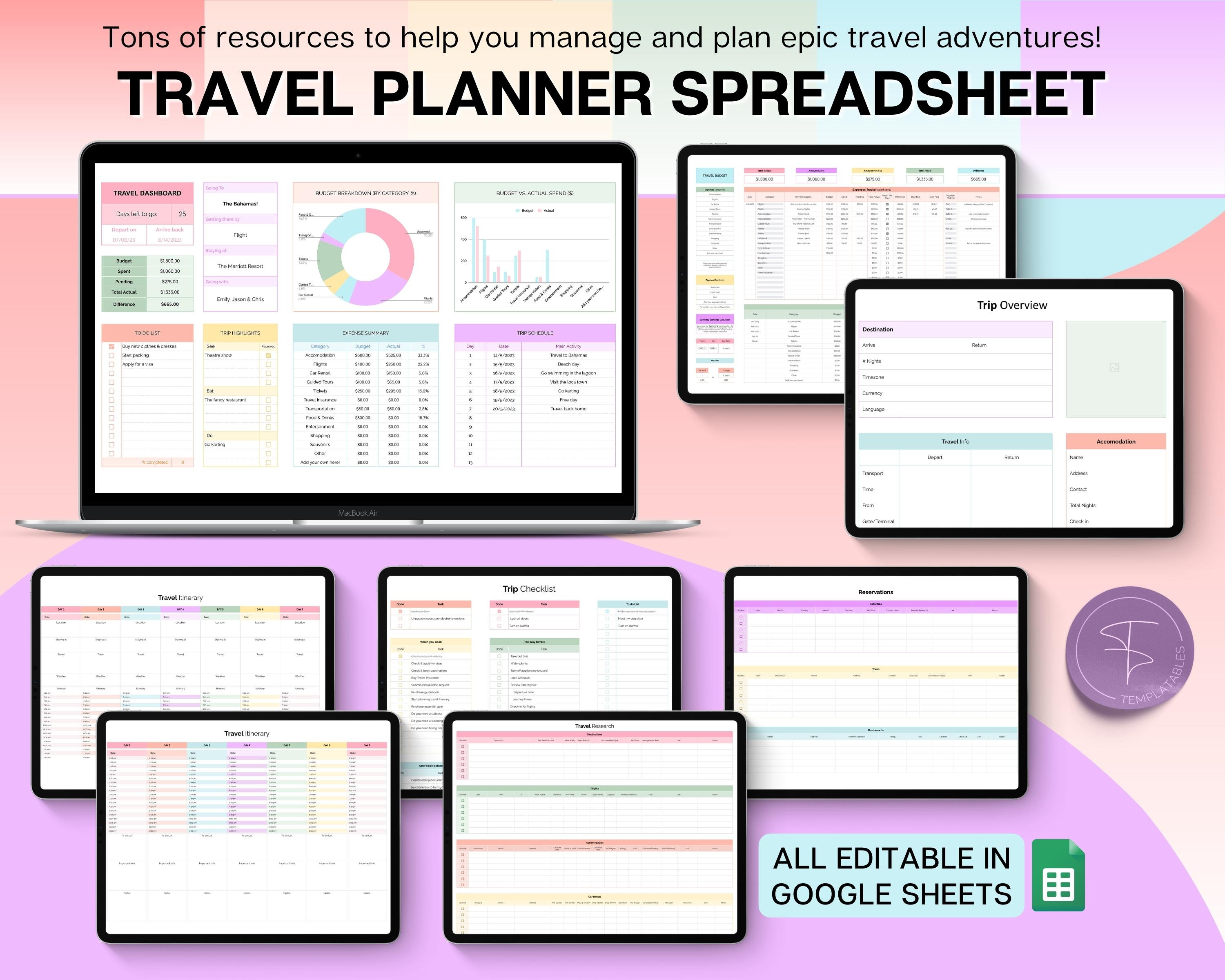 Travel Spreadsheet, Digital Travel Planner, Travel Journal, Trip ...