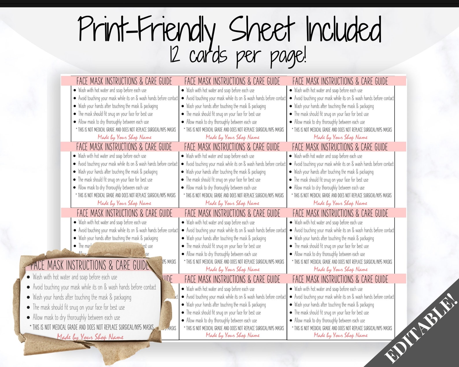 EDITABLE Face Mask LABEL Care Card How to Handle Order Card | Etsy