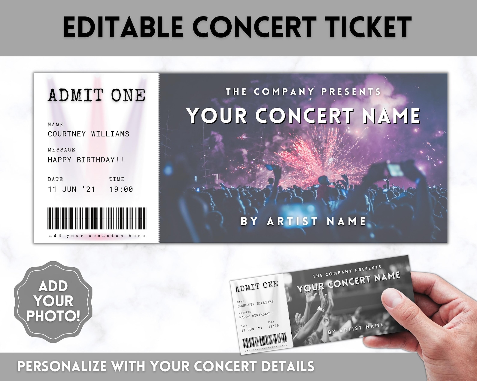 Concert Ticket Template EDITABLE Surprise Getaway Gift - Etsy UK