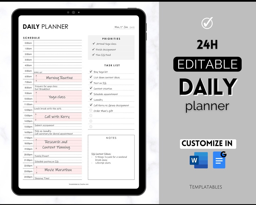 EDITABLE 24 Hour Daily Planner Template Hourly Planner to Do - Etsy