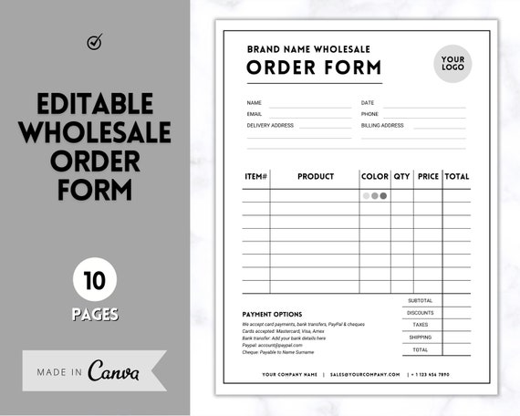 EDITABLE Wholesale Order Form Template Canva Template - Etsy