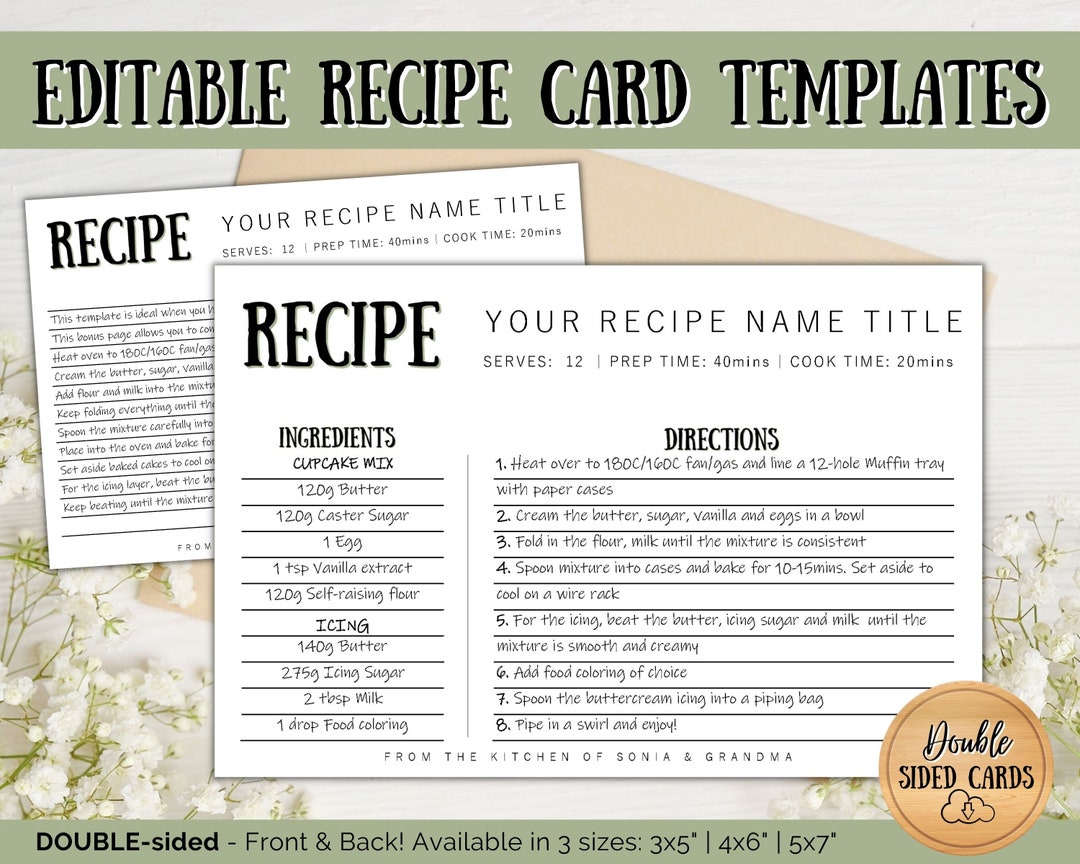 Recipe Card Template, EDITABLE Recipe Template, Recipe Cards Printable ...