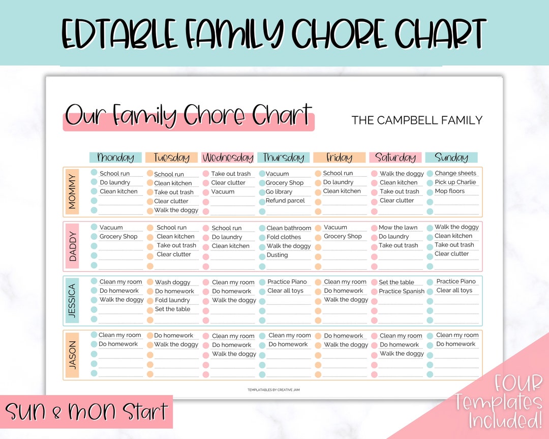 Family Chore Chart, Editable Family Planner Printable, Weekly Family ...