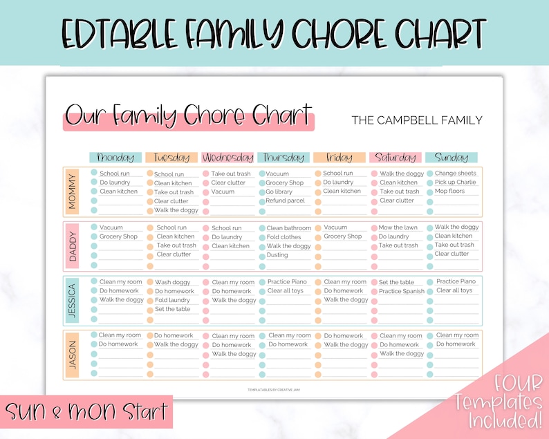 Family Chore Chart, Editable Family Planner Printable, Weekly Family ...