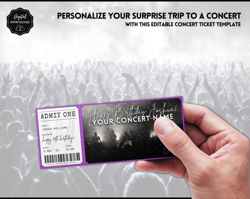 Concert Ticket Template BIRTHDAY EDITABLE Surprise Getaway - Etsy