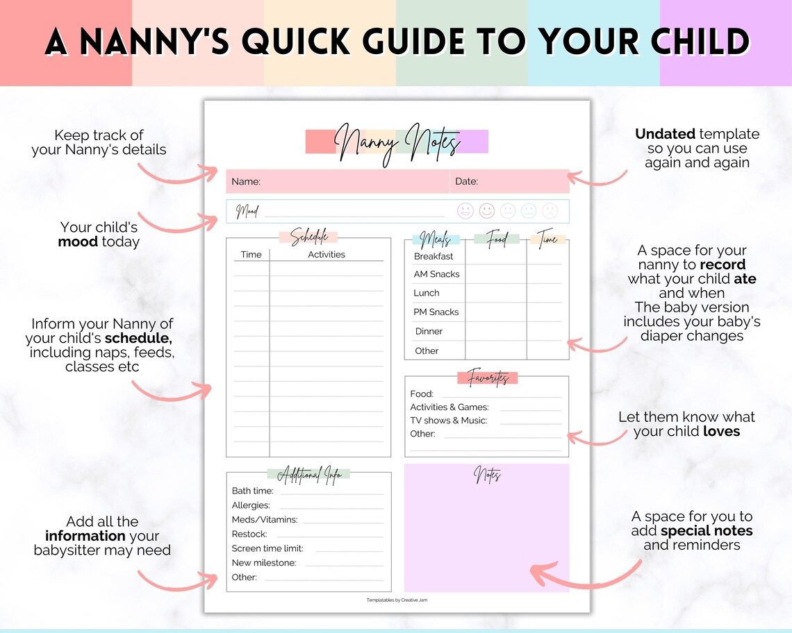 Nanny Schedule, Nanny Notes & Report Template for Baby, Babysitter Info ...