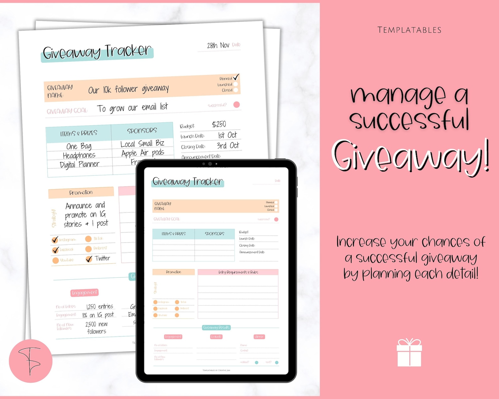 Giveaway Template, Social Media Planner, Printable Giveaway Tracker ...