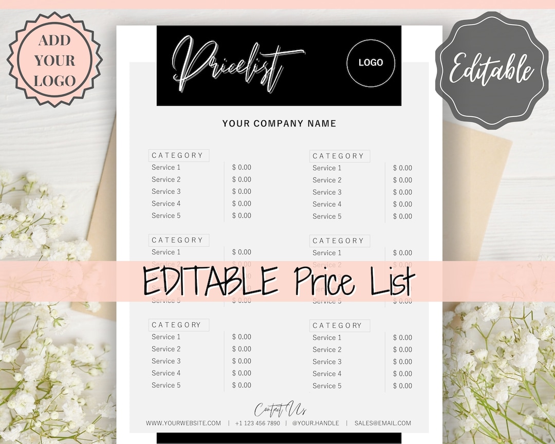 PRICE LIST Template Editable. Printable Price Sheet, Price Guide, Hair ...