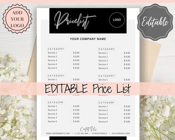 PRICE LIST Template Editable. Printable Price Sheet Price | Etsy