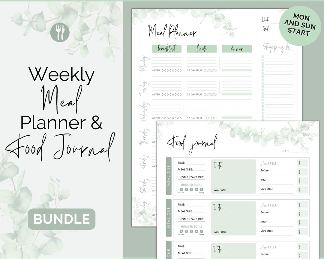 Green Meal Planner Printable BUNDLE, Weekly Food Diary, Meal Tracker ...