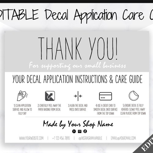 EDITABLE Vinyl Decal Care Card Instructions Printable Decal - Etsy