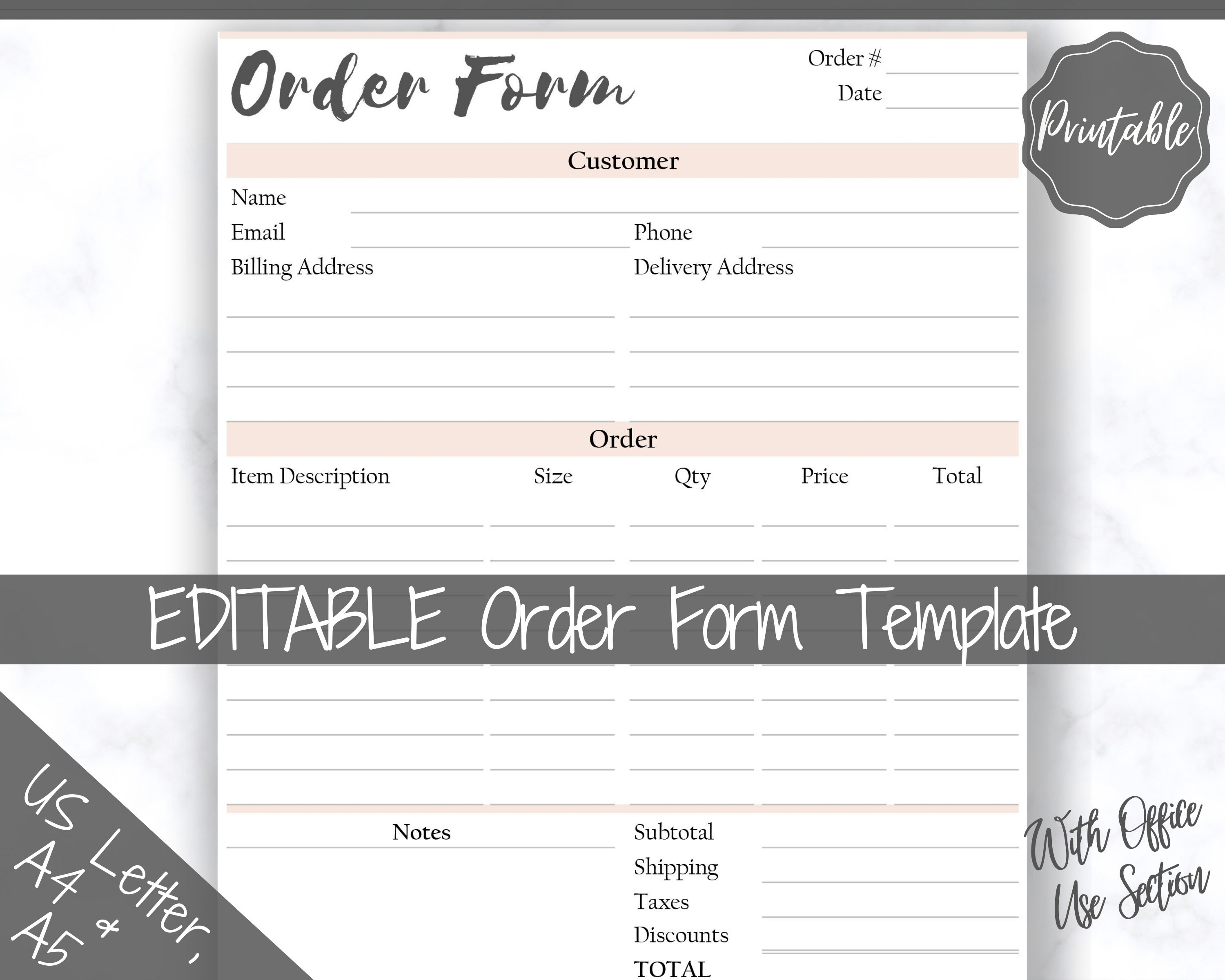 Order Form Template. EDITABLE PINK Customer Sales Order - Etsy UK