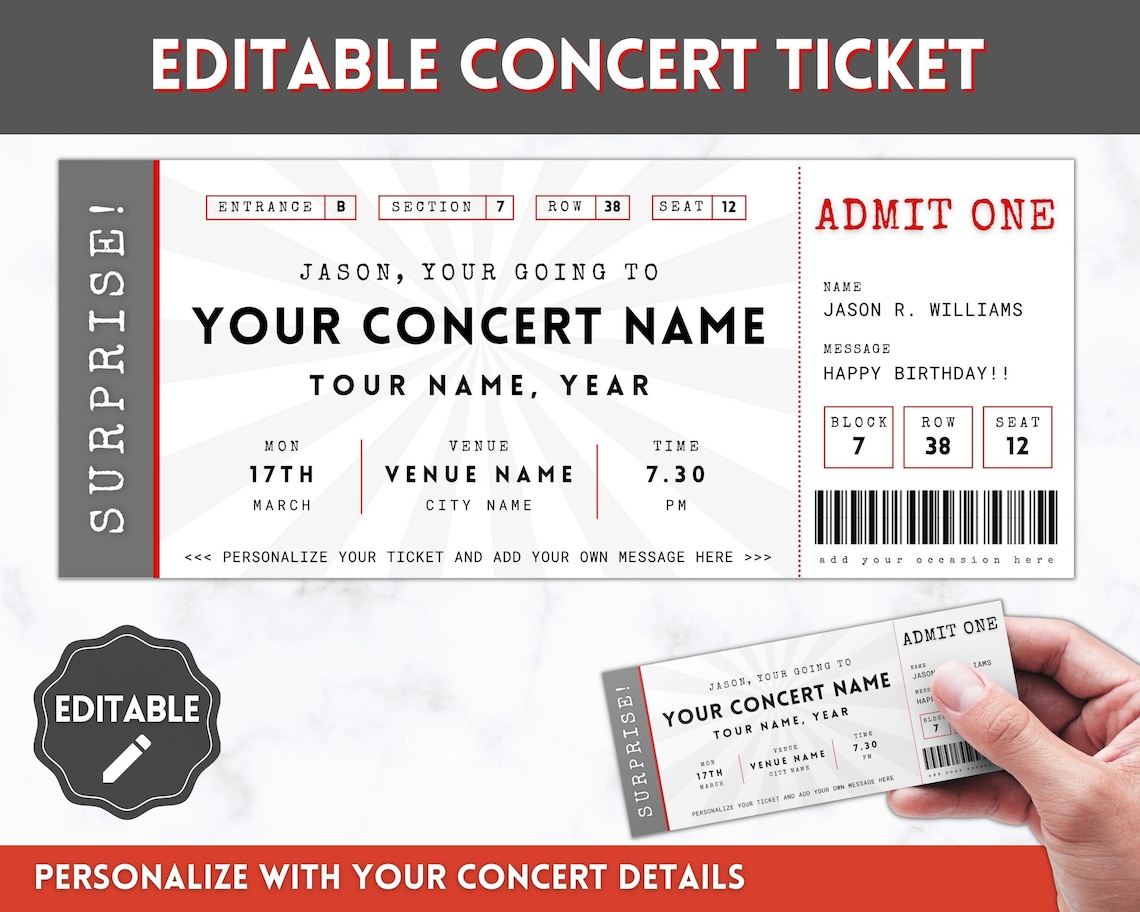 EDITABLE Concert Ticket Template Surprise Getaway Gift - Etsy