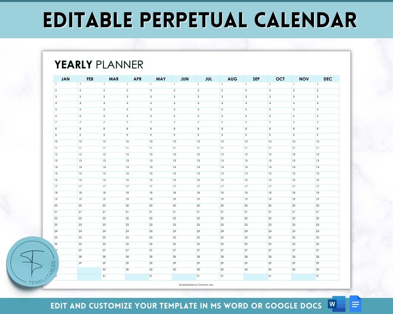 EDITABLE Perpetual Calendar, Undated Year at a Glance, Reusable ...