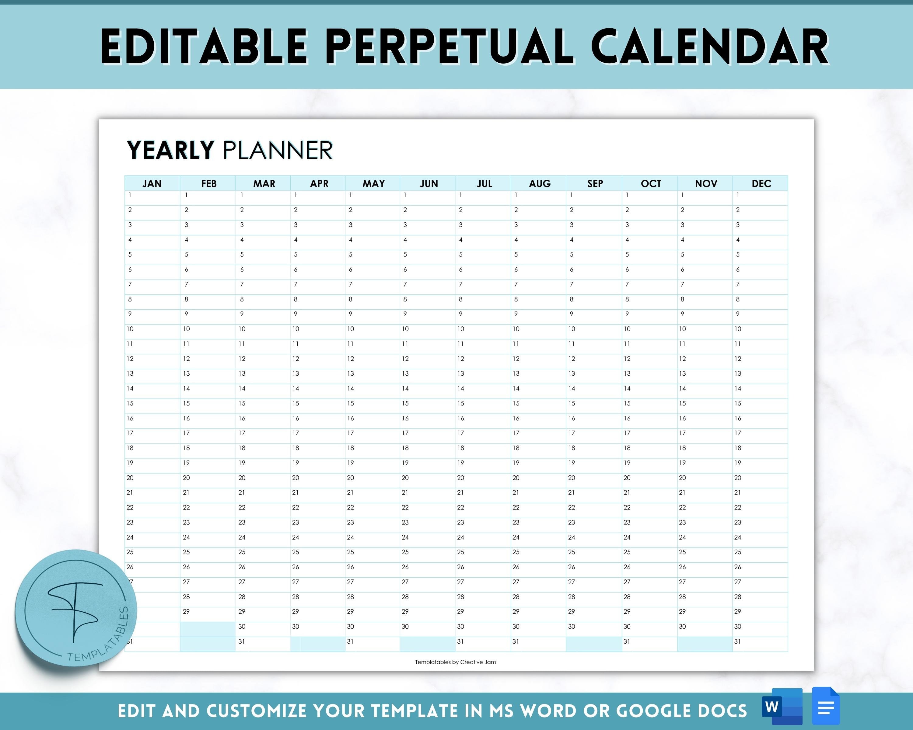 EDITABLE Perpetual Calendar, Undated Year at a Glance, Reusable ...