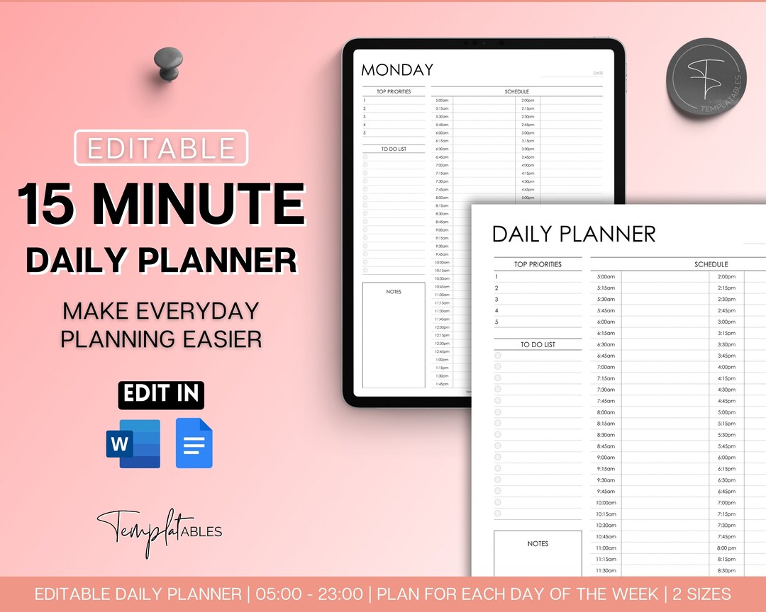 15 Minutes Planner, EDITABLE 15 Minute Daily Planner, 15 Minute Tracker ...