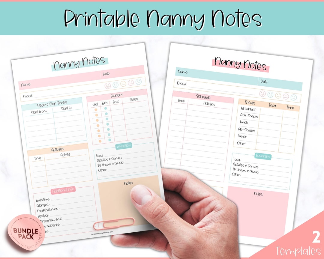 Nanny Schedule, Nanny Notes & Report Template for Baby, Babysitter Info ...