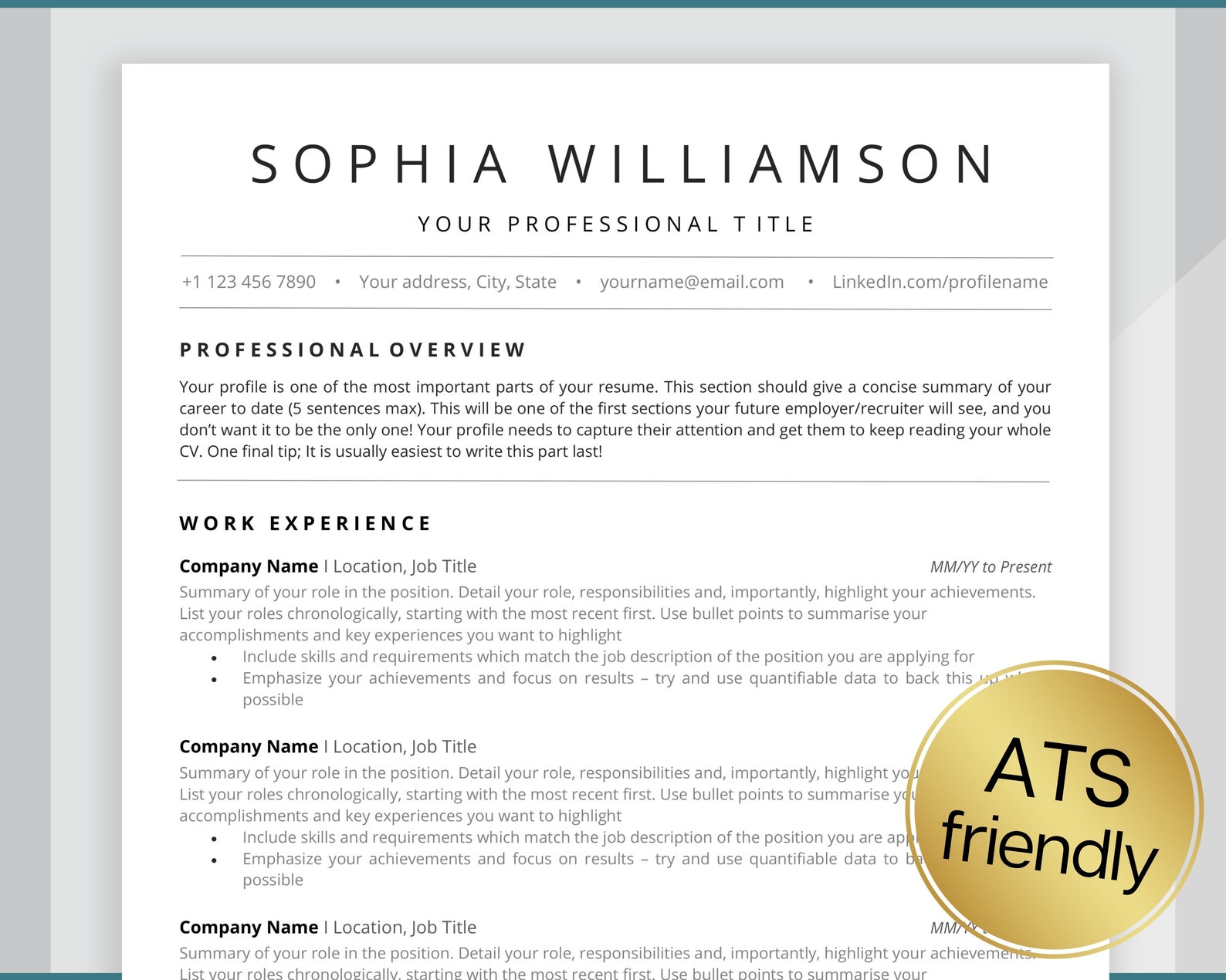 ATS Friendly Resume Template, Executive Resume, Word, Google Docs, CV ...