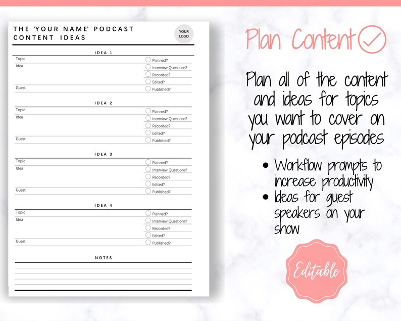 Podcast Planner Editable BUNDLE Pack. Podcast Template | Etsy