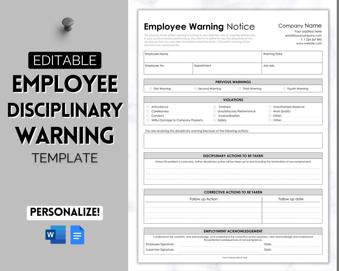 Employee Warning Notice, EDITABLE Disciplinary Form, Small Business ...