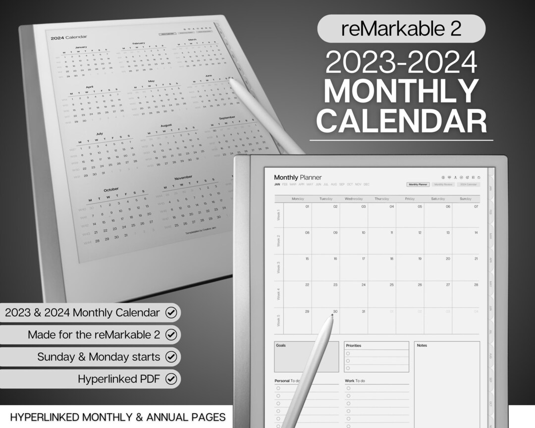 Remarkable Calendar 2023 & 2024 Monthly Calendar, Remarkable Digital ...