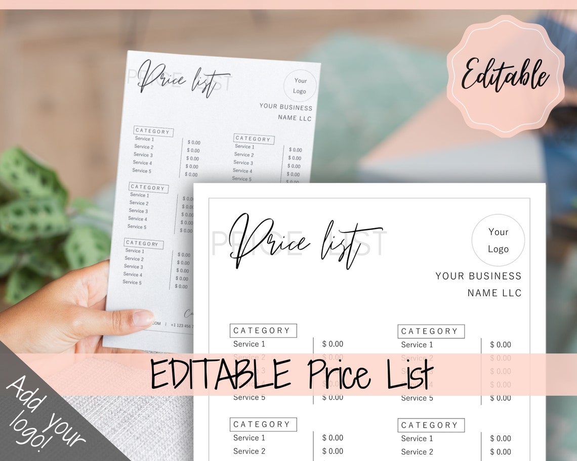 PRICE LIST Template Editable. Printable Price Sheet Price | Etsy