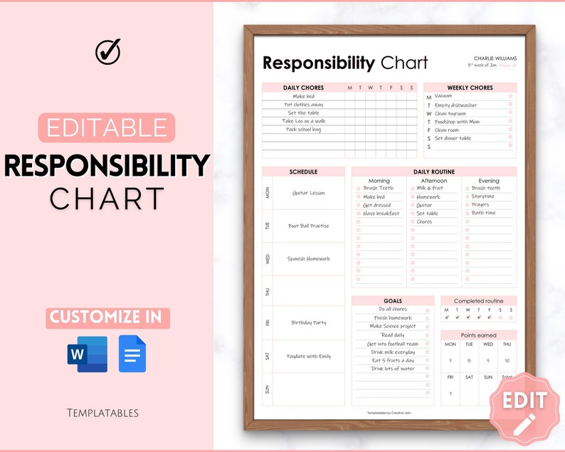 EDITABLE Responsibility Chart Family Chore Chart Reward - Etsy UK