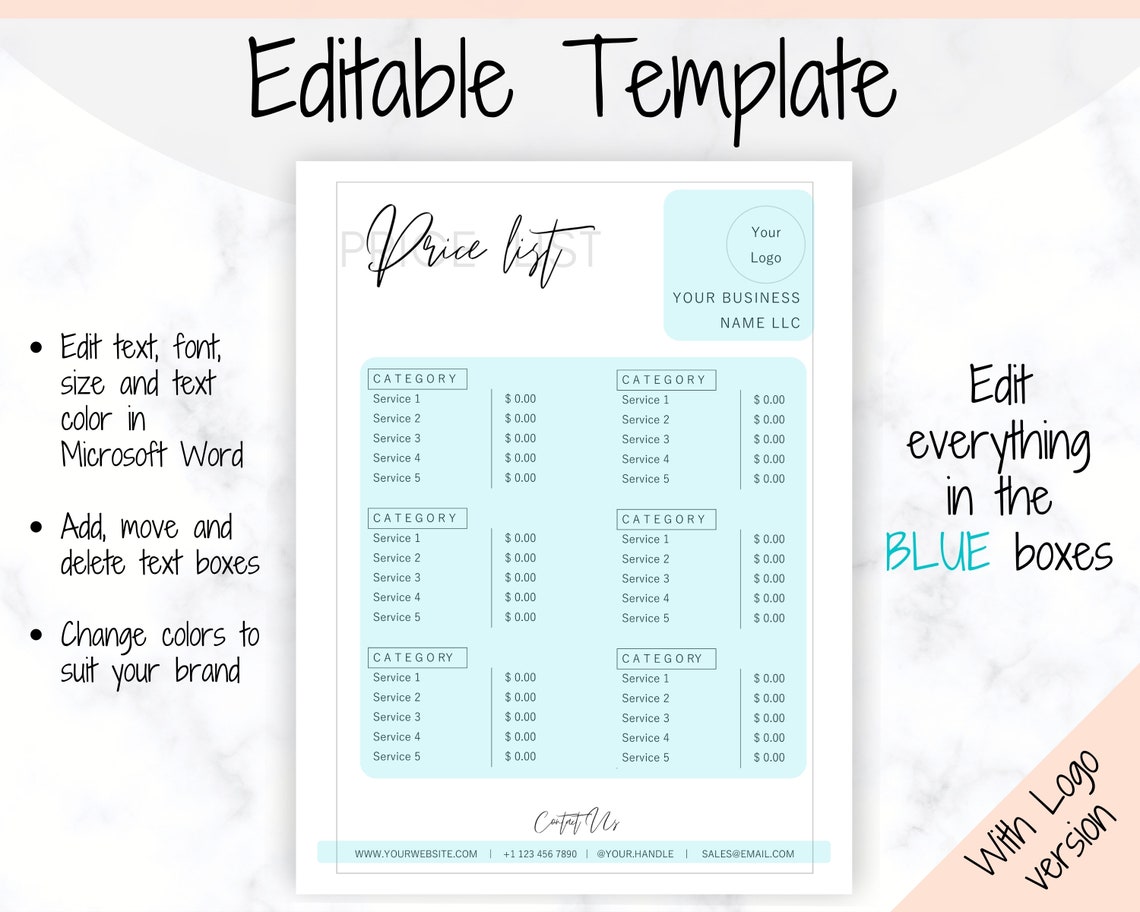 PRICE LIST Template Editable. Printable Price Sheet Price | Etsy