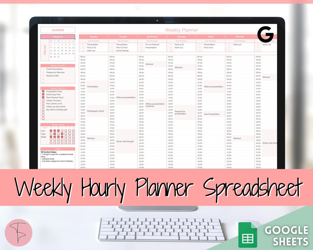 Weekly Hourly Planner Spreadsheet, EDITABLE Google Sheets Weekly ...