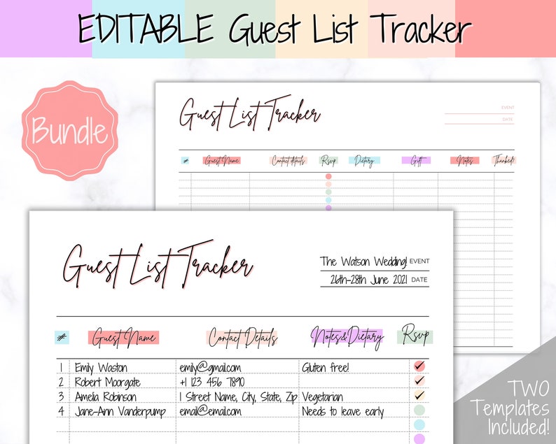 Guest List Tracker Editable Guest List Template With RSVP - Etsy
