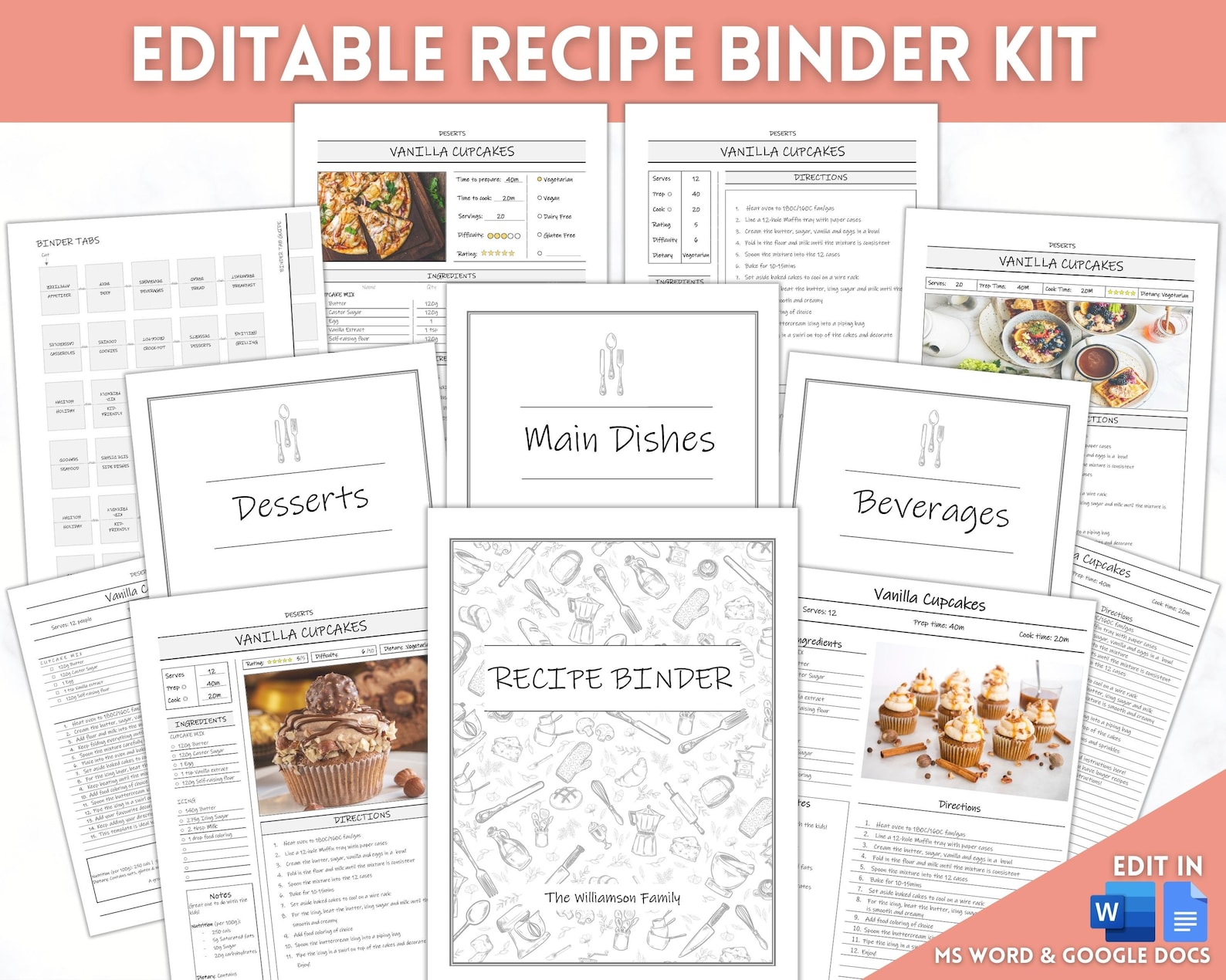 EDITABLE Recipe Binder Kit, Recipe Book Template BUNDLE, Cookbook Kit ...