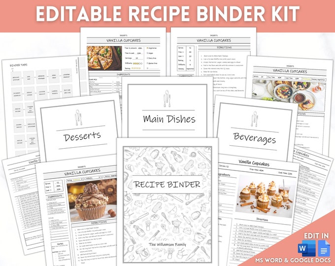 Recipe Binder Template, EDITABLE, Printable Recipe Template, Recipe ...