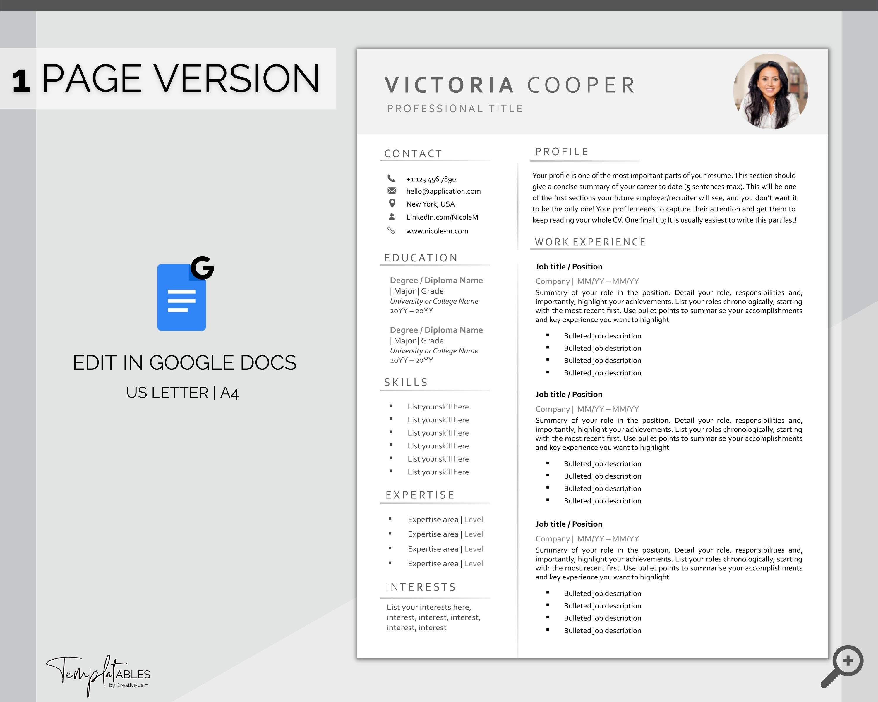 Resume Template GOOGLE DOCS. CV Template Professional 2 Page - Etsy Ireland