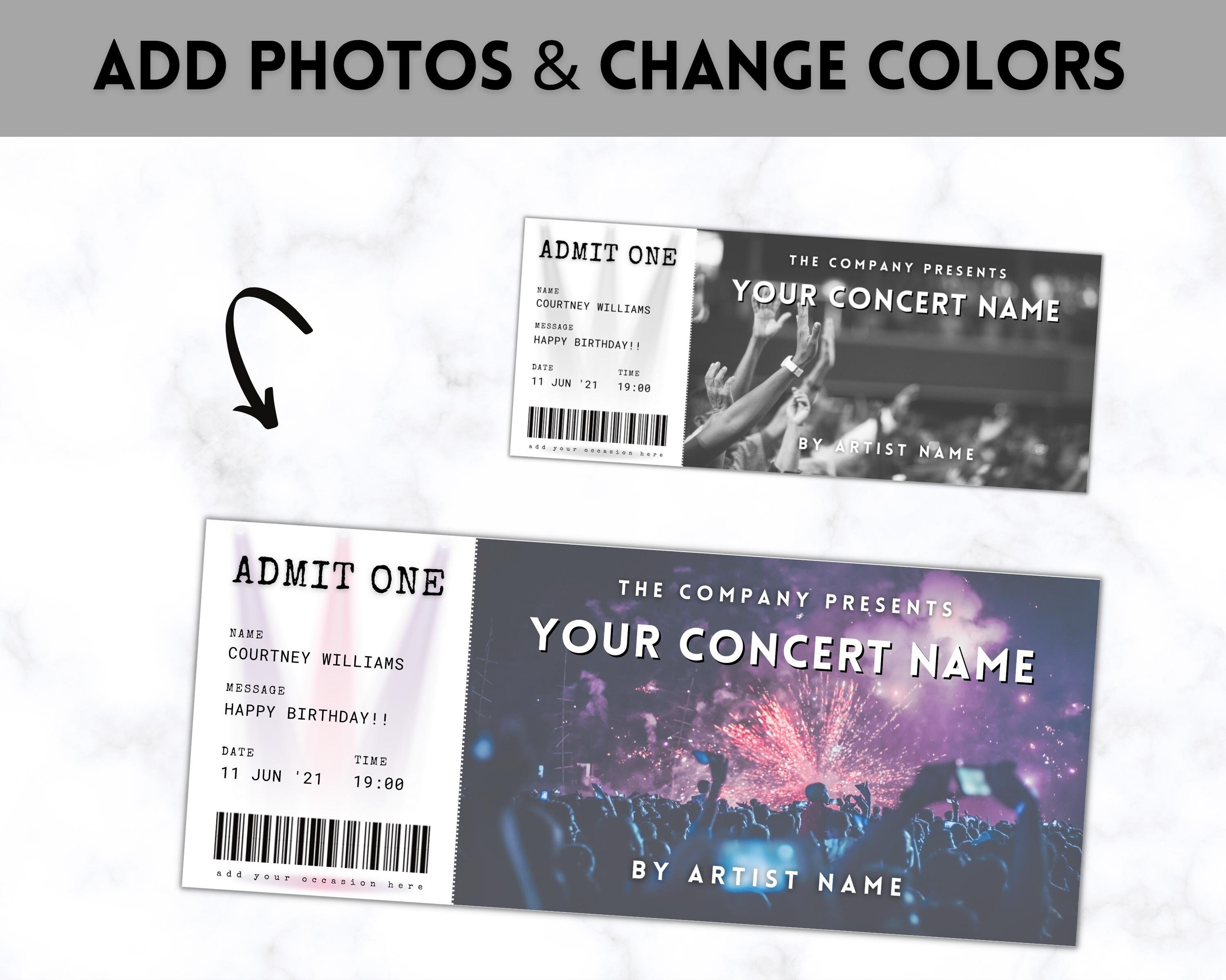 EDITABLE Concert Ticket Template Surprise Getaway Gift | Etsy UK