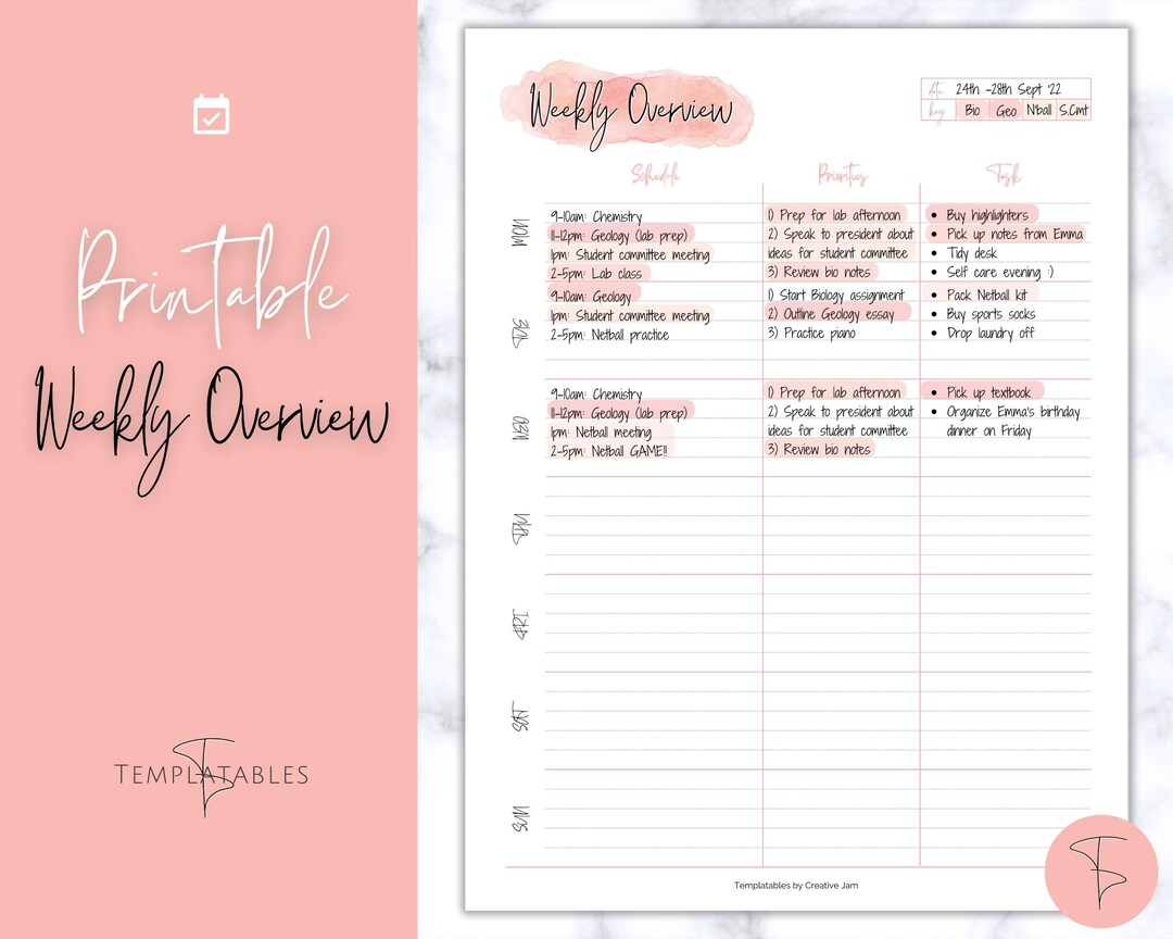 Student Planner, Printable College Weekly Schedule, College Student ...