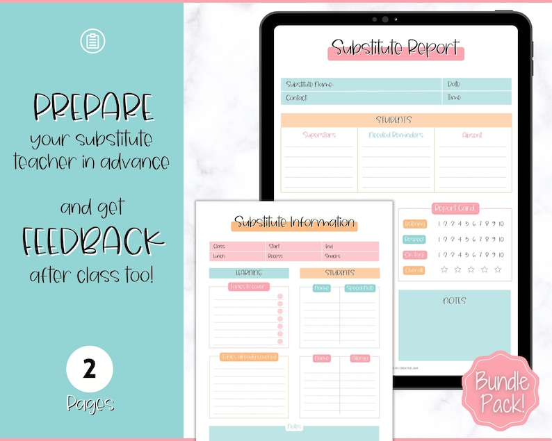 Substitute Teacher Note Printable Teacher Planner Template - Etsy