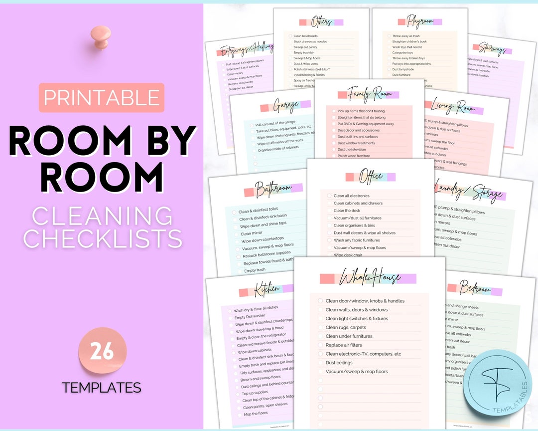 Cleaning Checklist, Printable Room by Room Cleaning Cards, Family ...