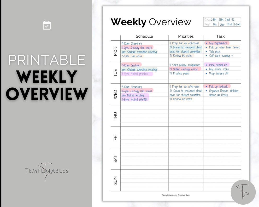 Student Planner, Printable College Weekly Schedule, College Student ...