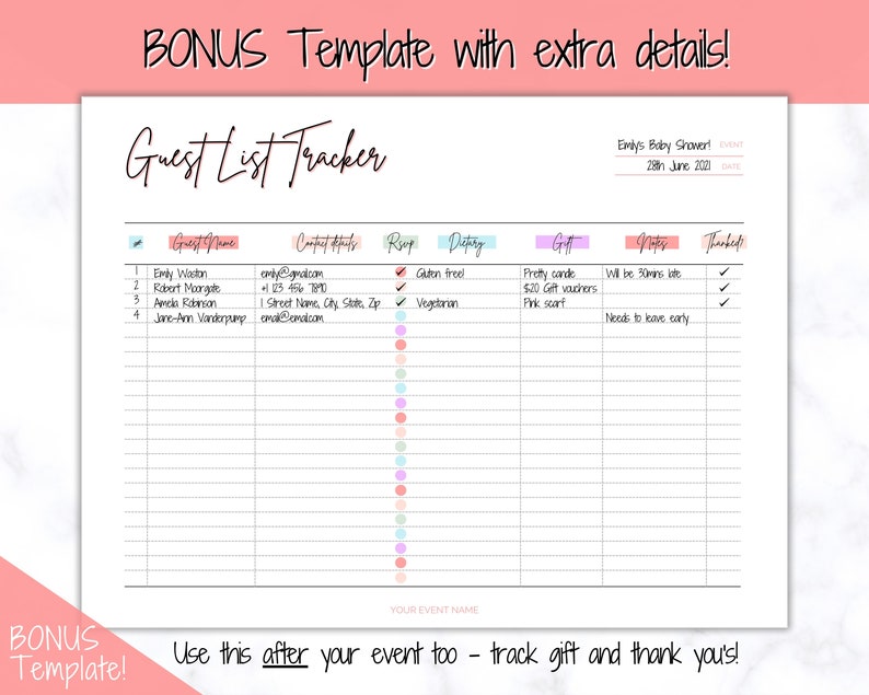 Guest List Tracker Editable Guest List Template With RSVP - Etsy